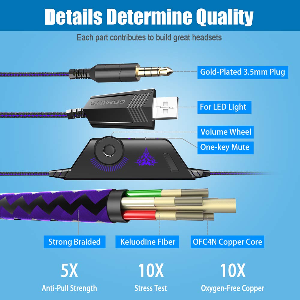 BENGOO Stereo Gaming Headset for PS4, PC, Xbox One Controller, Noise Cancelling Over Ear Headphones Mic, LED Light, Bass Surround, Soft Memory Earmuffs for Laptop Mac Nintendo Switch Games - Purple