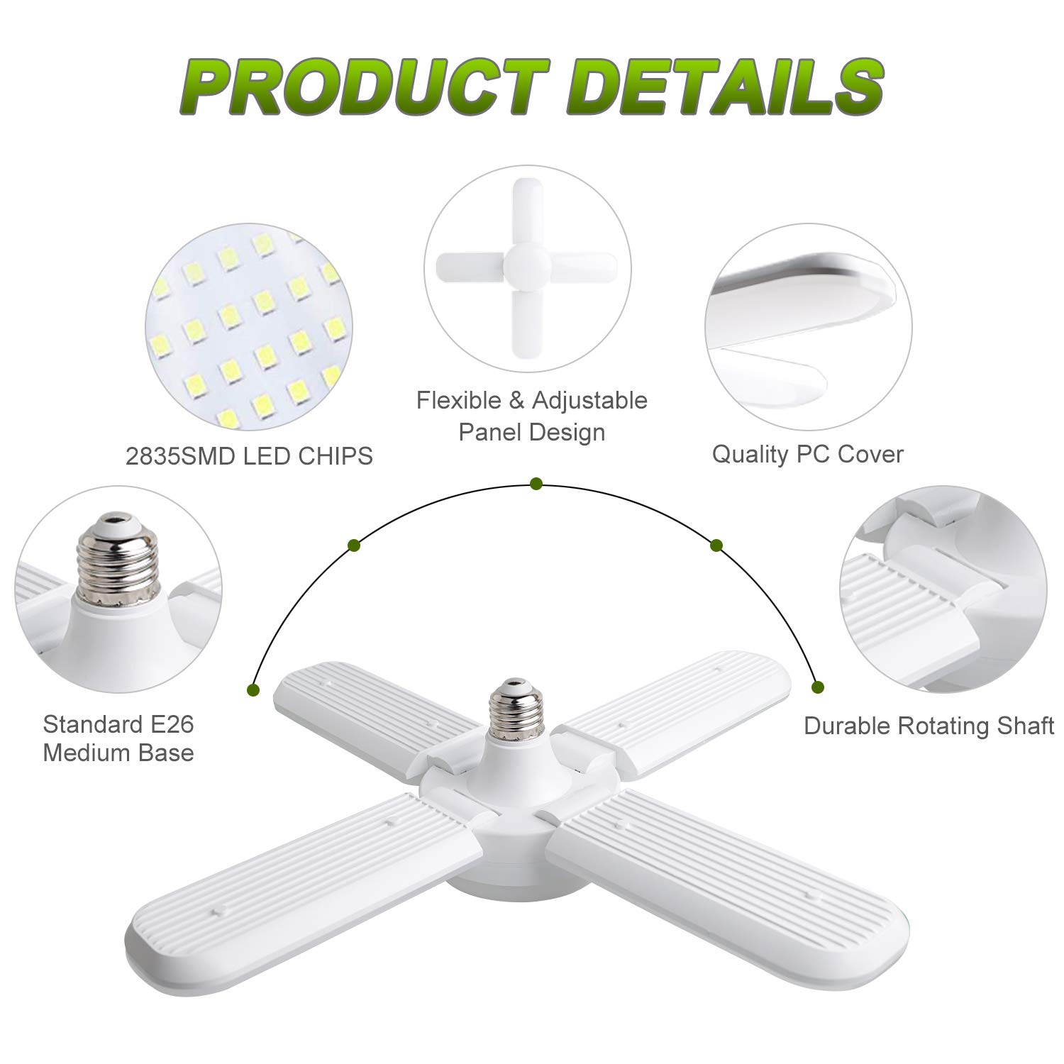 60W Deformable LED Garage Light with 4 Adjustable Light Panels & 1 Light Center, E26 Base with Extender 6000K Daylight White, 6000LM LED Shop Lights for Garage Warehouse Workshop Basement, 2Pack