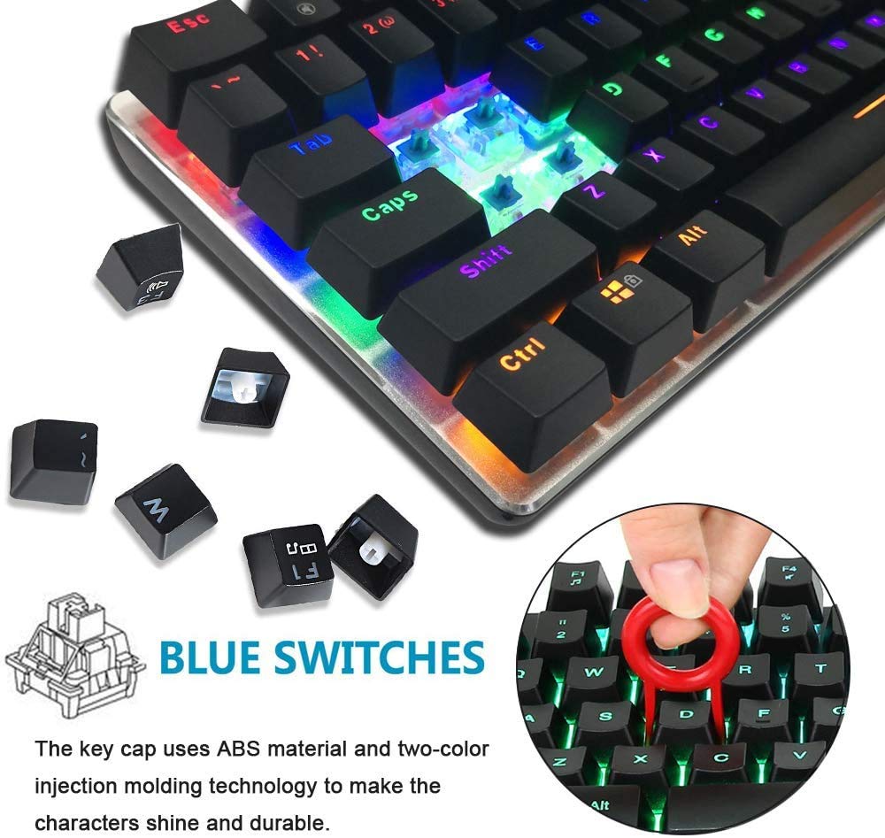 FELICON Mechanical Keyboard, 82 Keys Compact Rainbow Blacklight Wired Gaming Keybaord with Blue Switch, Anti-Ghosting, Small and Portable Composition with Windows PC Laptop Mac Game Office