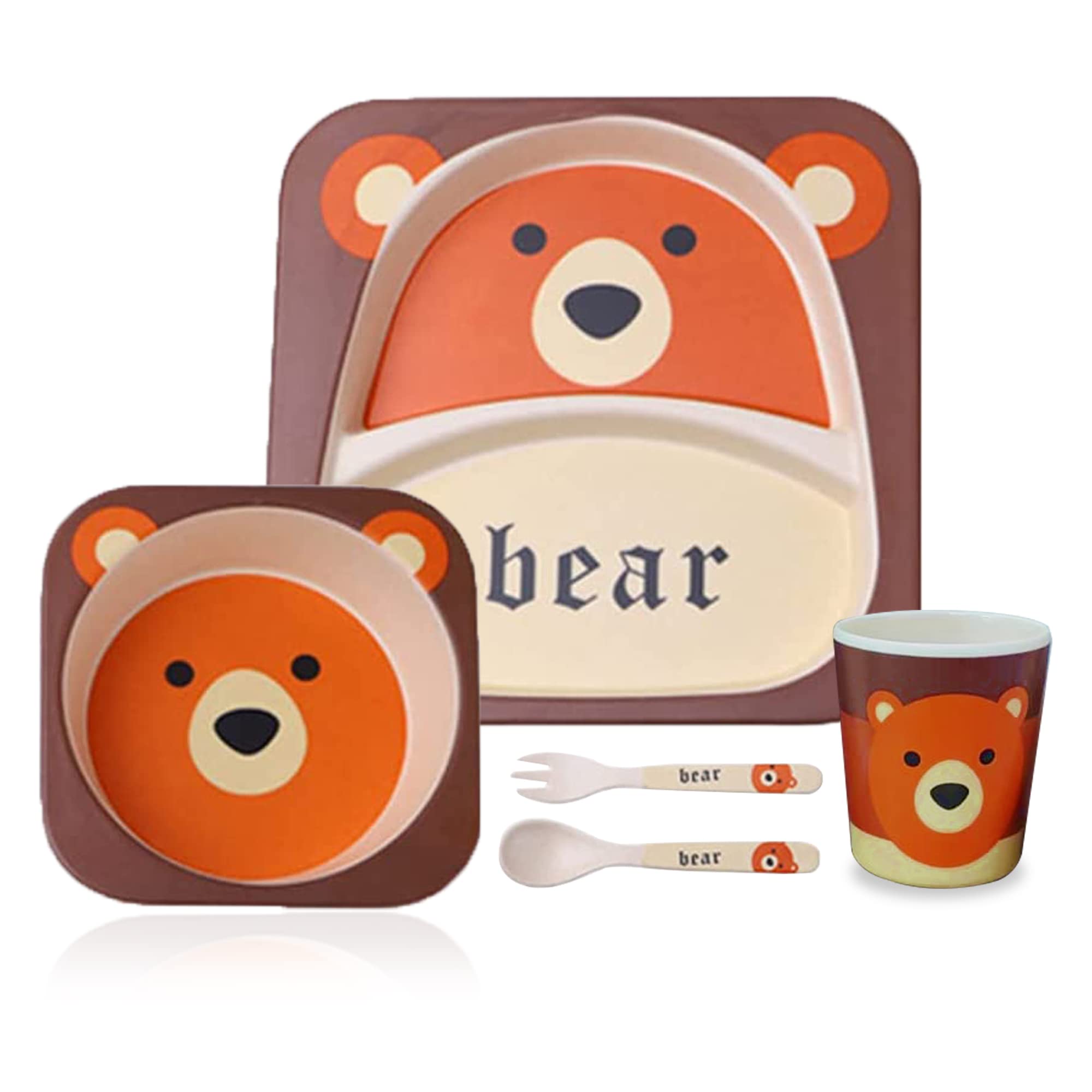 5 Piece Eco-Friendly Mealtime Bamboo Dinnerware for Kids, Toddler, Plate and Bowl Set, Spill Proof Divided Plate Eco Friendly and Dishwasher Safe (Bear)
