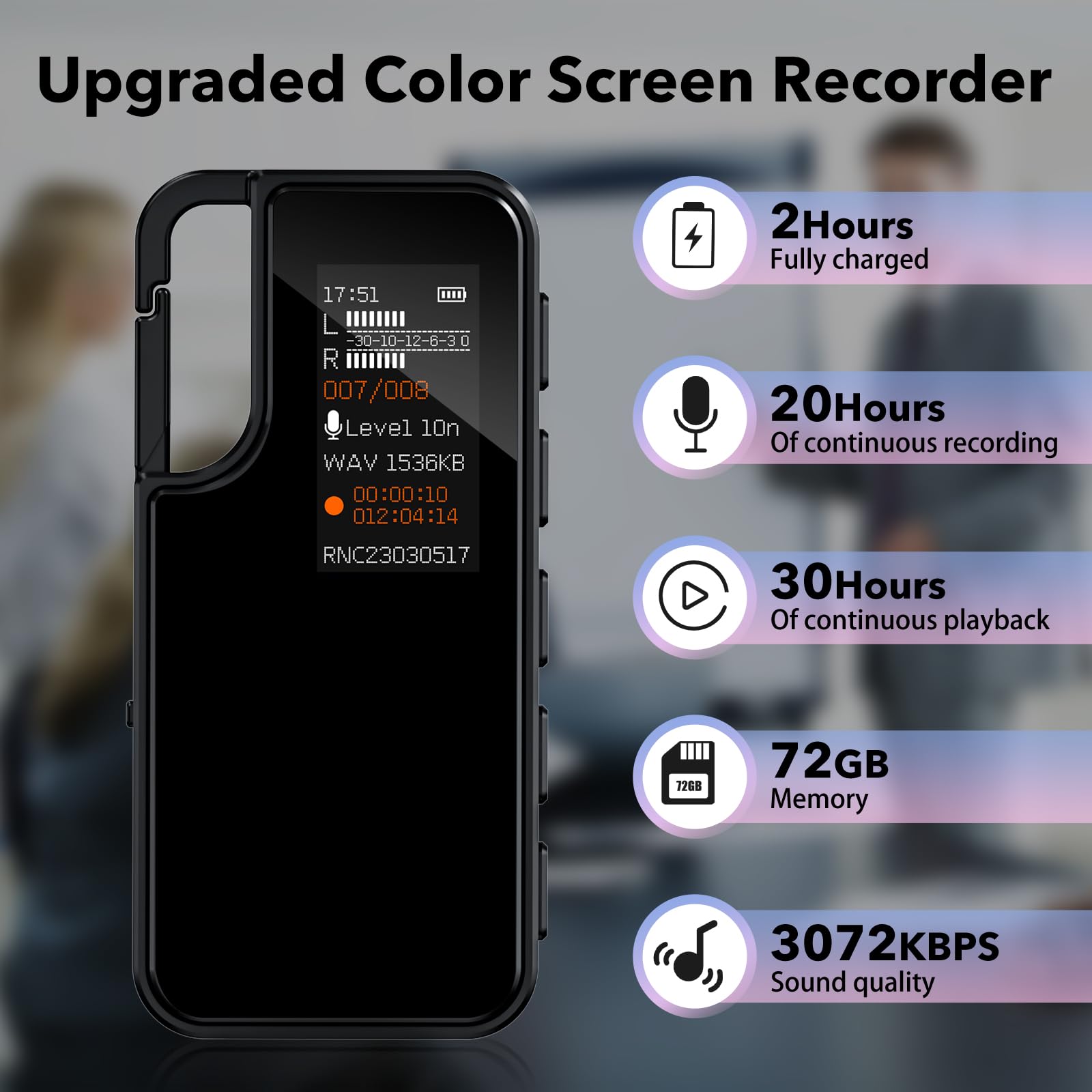 72GB Digital Voice Recorder, 3072KBPS Voice Activated Recorder with Playback 30H Battery Time Tape Recorder with Noise Reduction, Record Device for Lectures Meetings