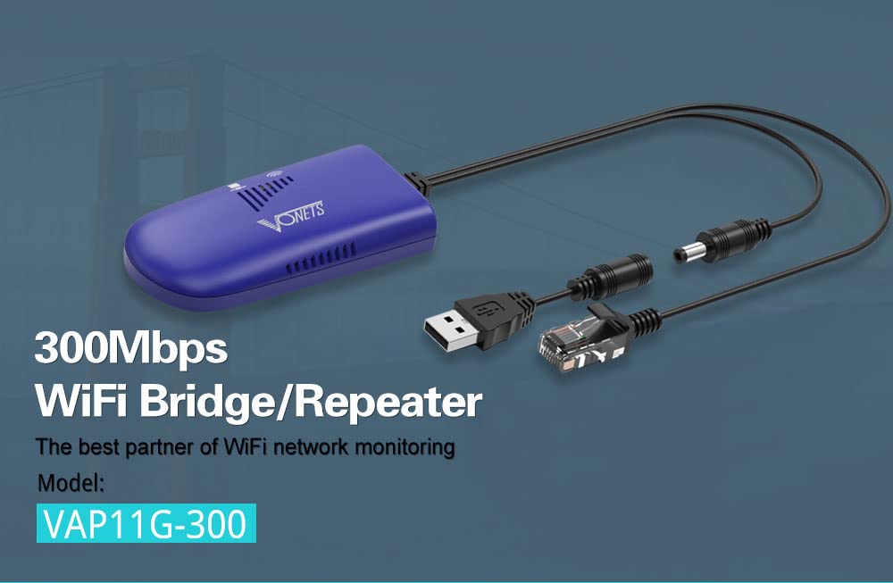 VONETS WiFi Bridge 2.4GHz Wireless Ethernet Bridge Signal Repeater WiFi Hotspot with 5V/2A USB Power Adapter RJ45 to WiFi Convert for DVR, Monitoring, IP Printer, Network Device VAP11G-300