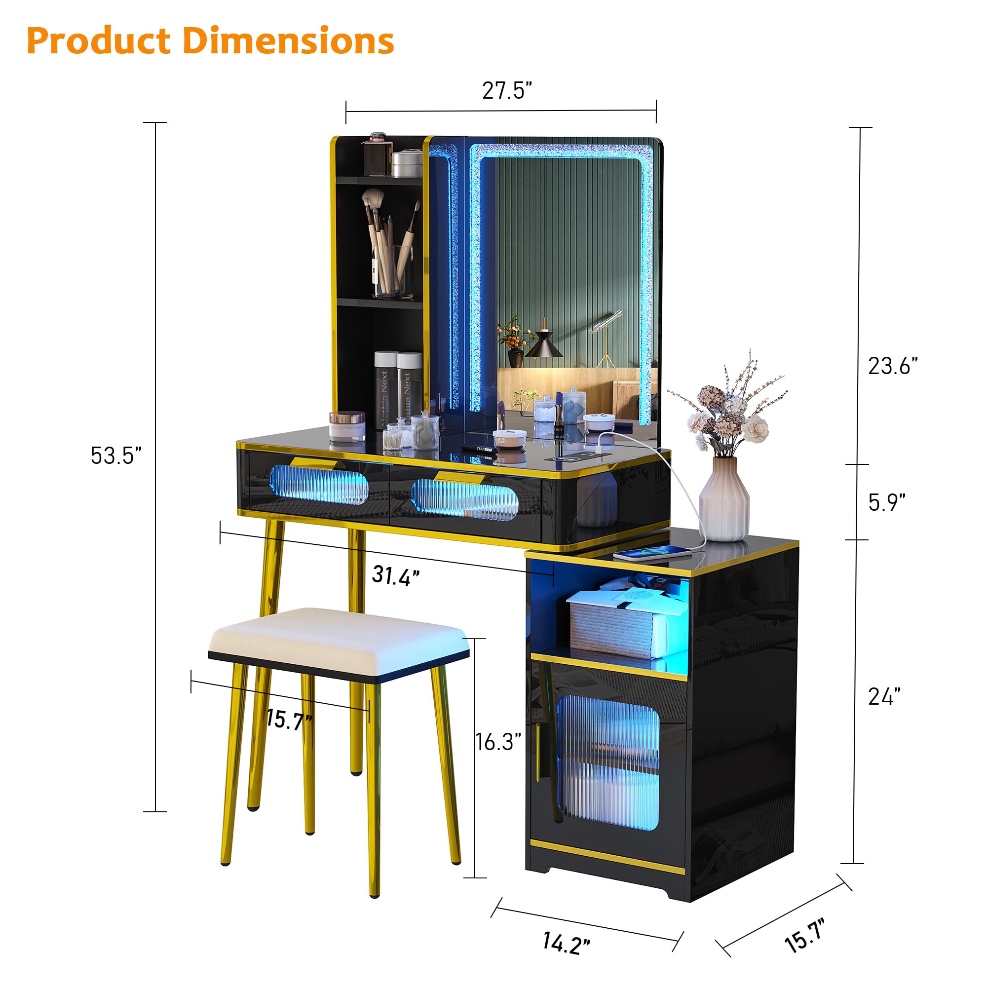 SKKTKT LED Vanity Desk, Retractable Makeup Vanity with Nightstand and Lighted Mirror, Black Makeup Vanity with Voice Control & Charging Station, Dressing Table Set with Jewelry Organizer