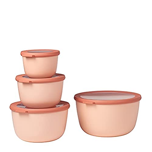 Mepal, Cirqula Set of 4 Multi Food Storage and Serving Bowls with Lids, Food Prep Containers, Deep, Nordic Blush, 1 each (17oz, 34oz, 68oz, 101oz), 1 Set