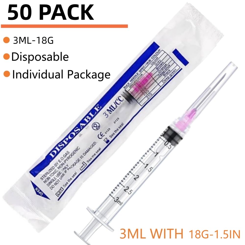 50 Pack 3ml Luer Lock with 18 Gauge 1.5 Inch for Scientific Labs Measuring and Dispensing, Individually Sealed Wrapped
