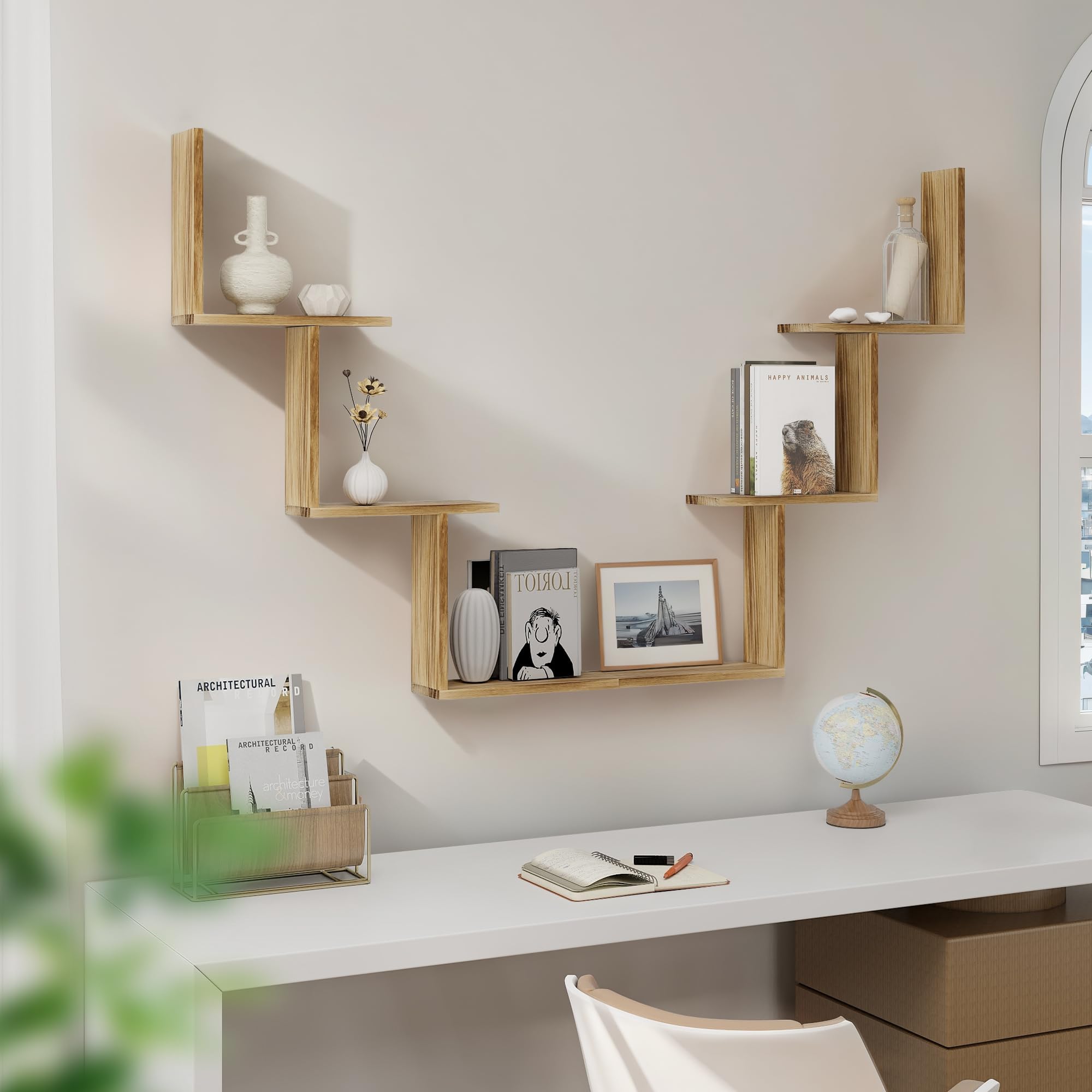 Afuly Small Wall Shelves for Bedroom Living Room, Wood Floating Shelf for Wall, Decorative Shelf Set of 2 for Book Plant Display Organizer, Natural Brown Modern Home Decor, Solid Wood 12 Inch