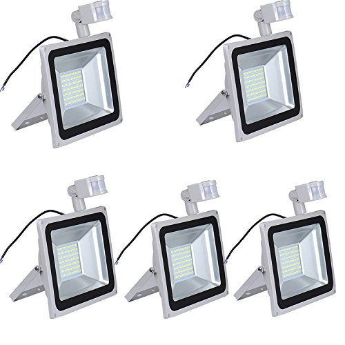 Beisaqi Cool White 100W SMD 5730 LED Floodlight With PIR Sensor, IP65 Waterproof Security Lights for Home,Garden,Garage, Pack of 5