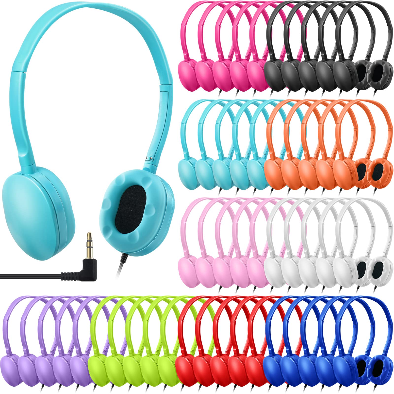 50 Pack Bulk Classroom Headphones Colorful Student Wired Headphone Comfortable Adjustable On Ear Headphone with 3.5 mm Headphone Plug for School Classroom Kids Adults Testing Libraries Airplane Travel