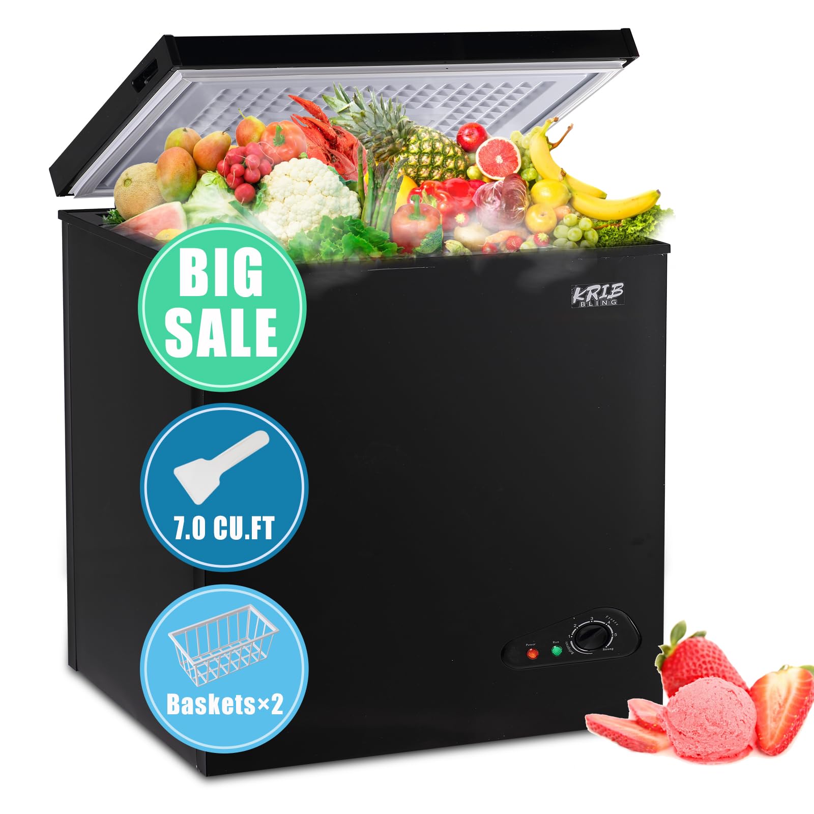 Chest Freezer with Freezer Basket, 7.0 Cu. Ft Mini Freezer 7 Temperature Levels Thermostat, Top Door Open, Ideal for Home, Kitchen & Office, Black