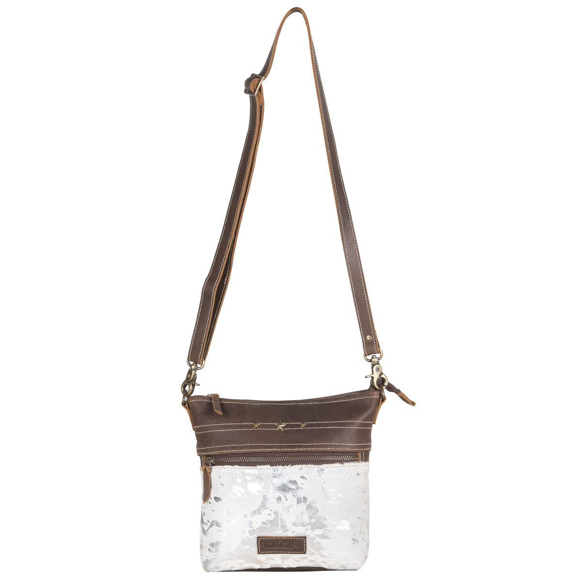 SIXTEASE Crossbody Bag for Women Vintage Style Genuine Leather, Upcycled Canvas, Rug, or Hair On - Cross Body Womens Bags with Inside Zipper Pockets - Silver