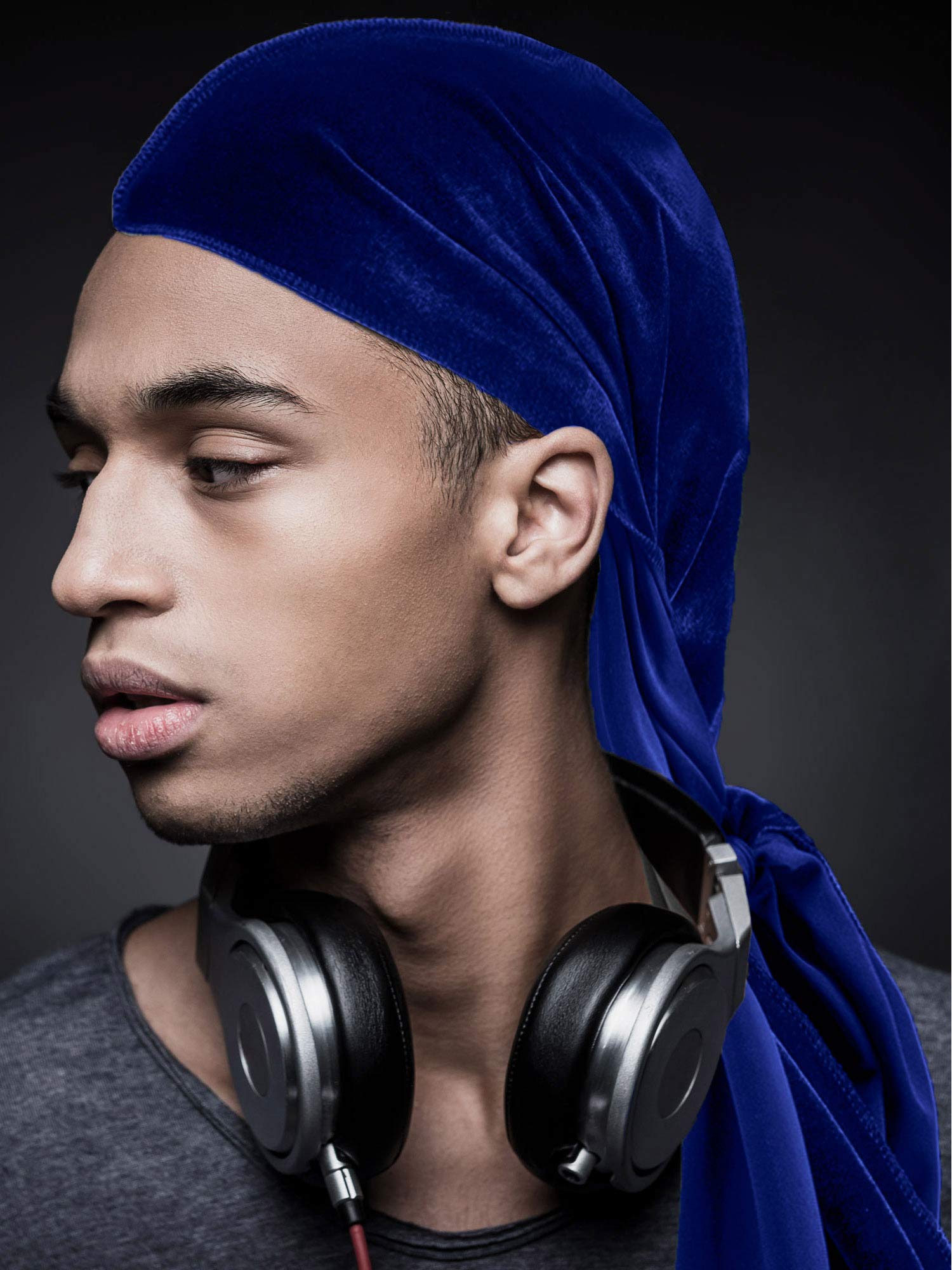 4 Pieces Men's Velvet Durag with Long Tail Soft Durag Headwraps for 360 Waves (Royal blue, Red, Gold, Black)