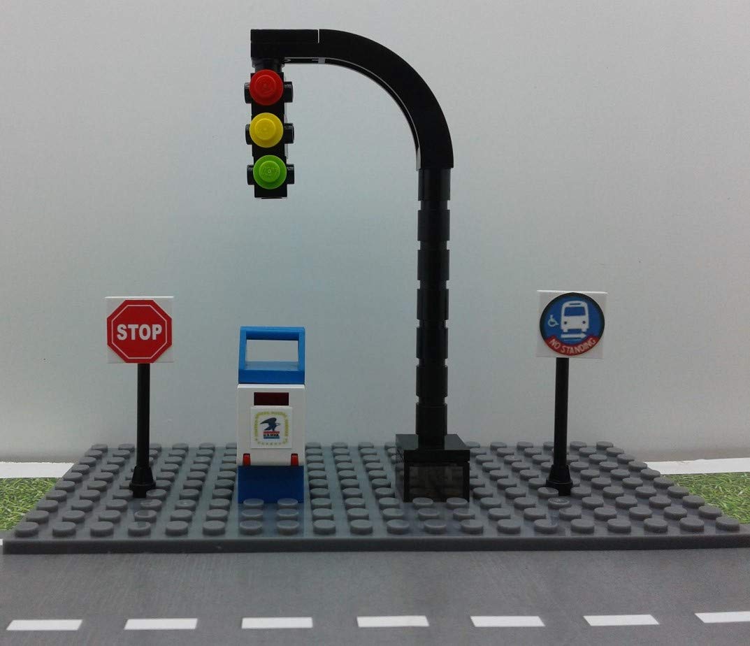 Building Bricks Toys City Town Village Street Main Road Arch Traffic Light, Stop Sign, Bus Stop, Post Box, Road Sign, 4 PCS Playset. for Kids 4+ Plastic
