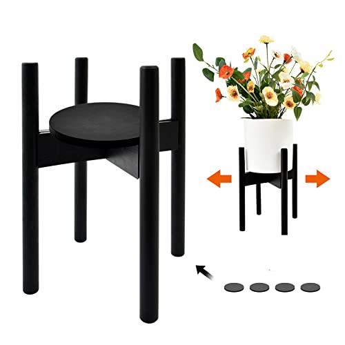 AUGOSTA Bamboo Adjustable Planter Tray Included, Mid Century Modern Indoor Plant Stand, Fit 8 9 10 11 12 inch Pots, Plant Pot Not Included (Black)