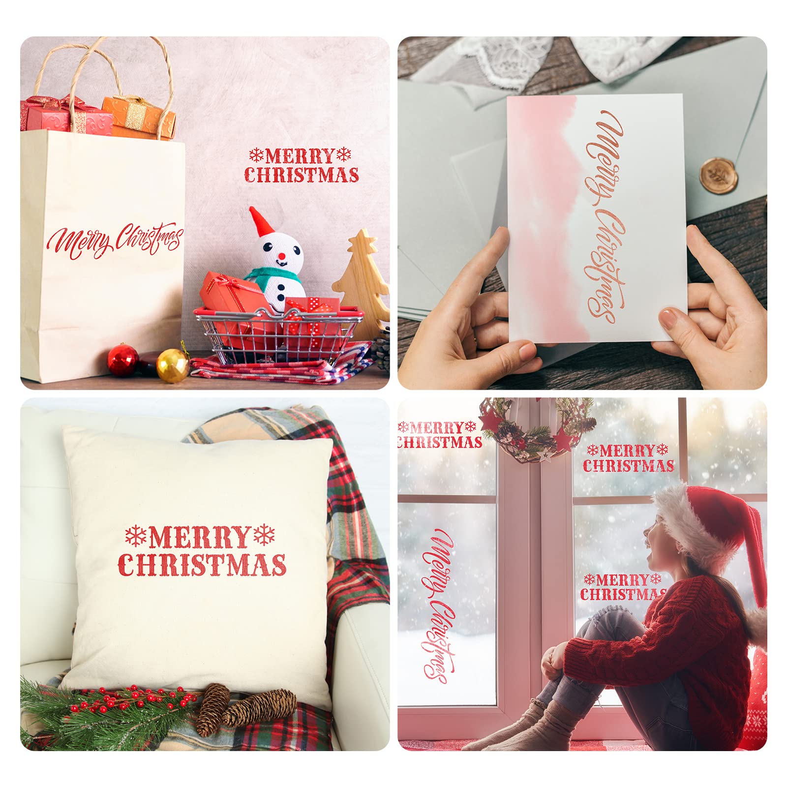 4 Pieces Merry Christmas Stencil Reusable Stencils for Painting Christmas Decoration Painting Template for Furniture, Wall, Window, Fabric, Wood,4 Different Sizes (Merry Christmas)