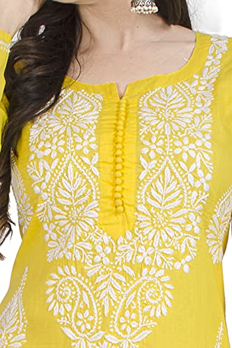 Chandrakala Hand Embroidered Lucknow Chikankari Kurti for Women 100% Cotton Indian Ethnic Tunic,2X-Large (K150YEL5) Yellow