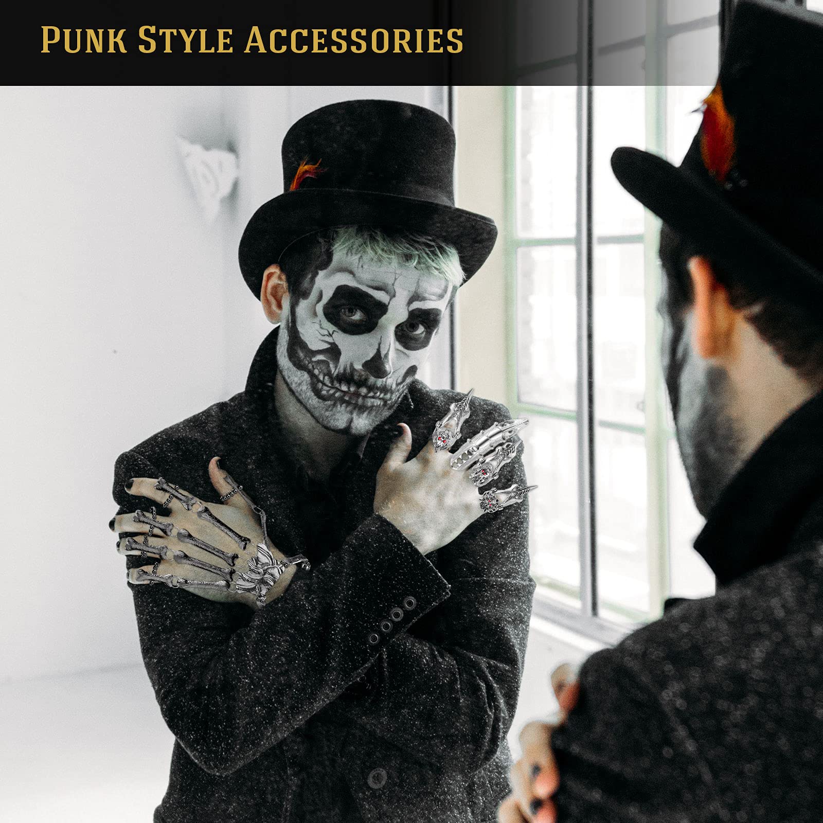 5 Pieces Full Finger Ring Punk Wristband Skull Fingers Hand Bracelet Skull Finger Skeleton Joint Bracelet Knuckle Full Ring for Halloween Accessories (Black)