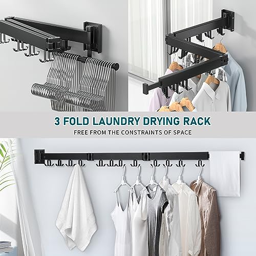 Augot Clothes Drying Rack, Tri-Fold Laundry Drying Rack Wall Mount, Retractable Clothes Hanger Rack Space-Saver, Collapsible Laundry Drying Rack for Laundry, Balcony, Bedroom-User Friendly & Durable