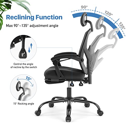 Ergonomic Home Office Chair High Back Executive Desk Chair with Armsrest and Adjustable Headrest, Mesh Computer Chair with Retractable Footrest and Lumbar Support (Black)