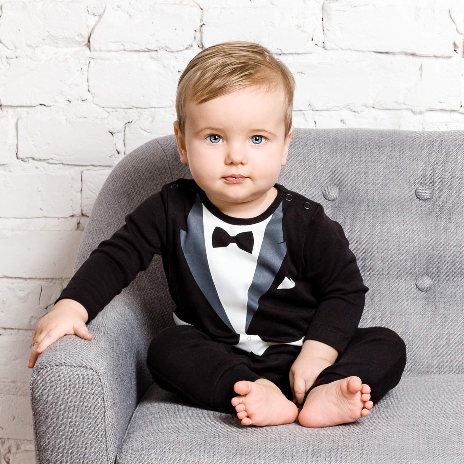 The Tiny Universe Tuxedo Onesie Classic for Baby Boys, Body Suit, Jumpsuit Gentleman Wedding Outfit - Original Swedish Design (Classic Black, 68 / 6M)