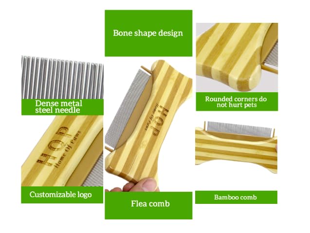 Bamboo Wooden Pet Flea CombFor Pet Cat Dog Flea Grooming Comb Stainless Steel in Bone Shape, Proven Grooming Tools for Dogs Cats and Other Animals