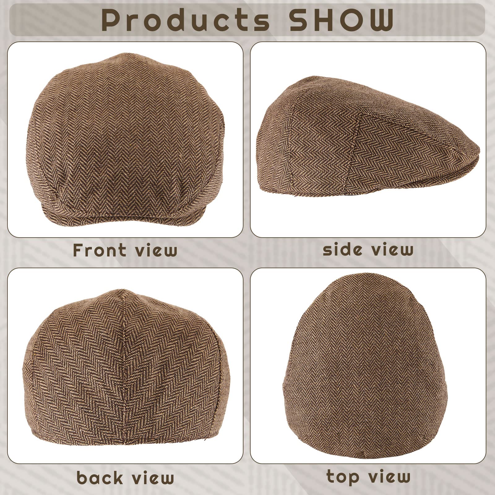5 Pieces Men's Herringbone Flat Newsboy Hat Wool Blend Gatsby Cabbie Cap Classic Wool Blend Tweed Flat Cap Cabbie Hat Men