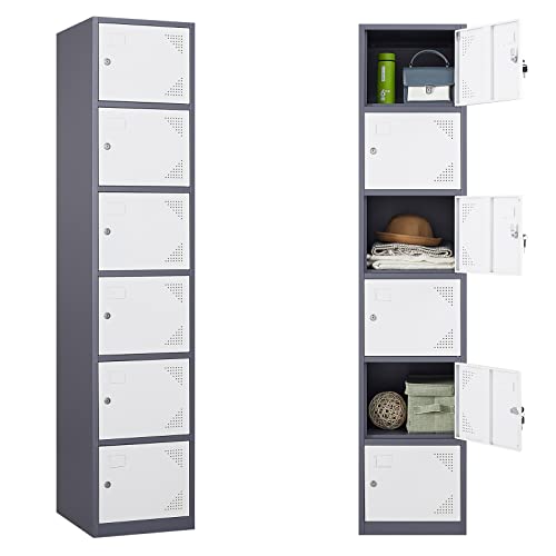 Metal Lockers for Employees - 71" Storage Locker Cabinet Large Employee Lockers with 6 Doors - 6 Tier Steel Lockers for Kids Bedroom, Gym, School, Office, Garage (6 Doors, White Grey)