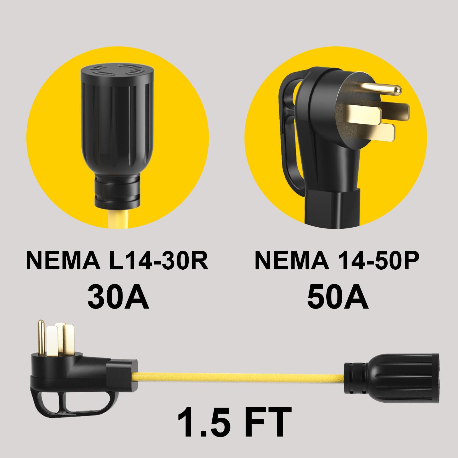 ACKING 1.5 FT 4 Prong 50 Amp to 30 Amp RV Generator Adapter Cord,NEMA 14-50P to NEMA L14-30R,STW 10 AWG Generator Adapter Plug,Generator to RV Trailer Camper