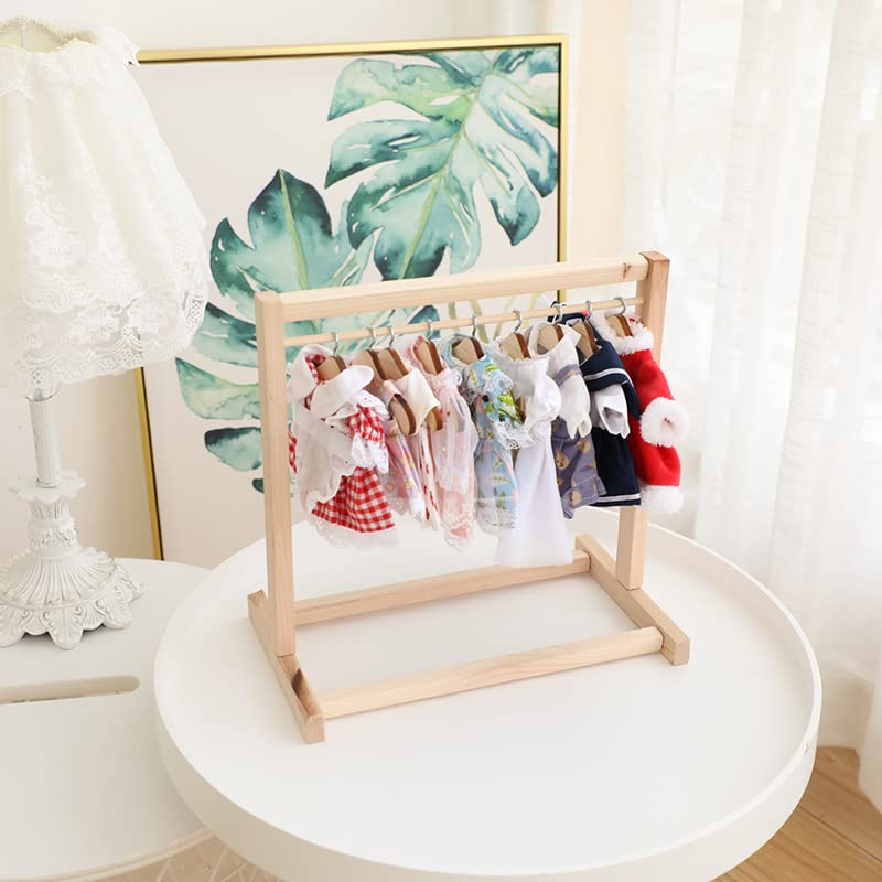 TANG SONG 1 Pack Small Wood Clothes Rack Doll Hanger Dress up Storage Clothes Organizer Storage Shelf with 10 Pcs Wood Hangers