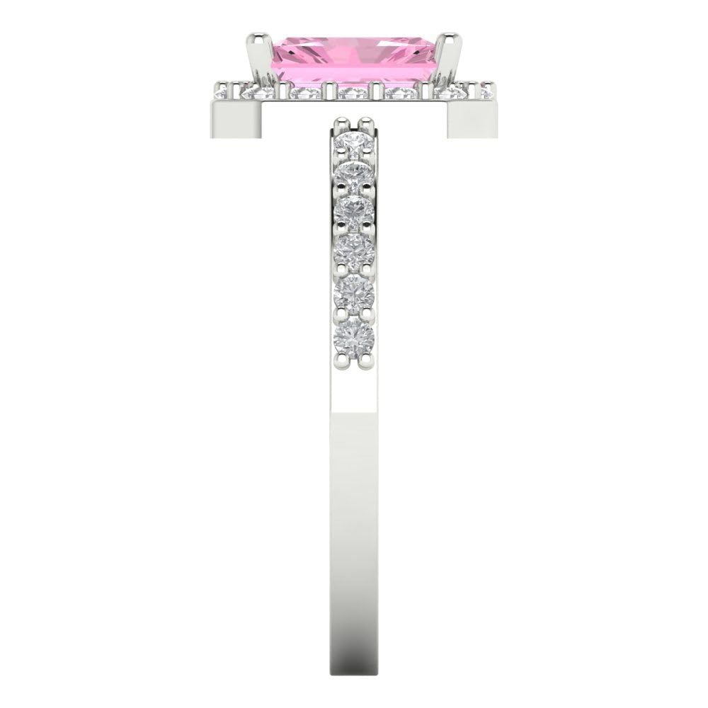 Clara Pucci 2.04ct Emerald Cut Custom Engraving Solitaire W/Accent Halo Pink Faux Diamond Statement Art Deco Ring 14k White Gold Size 8