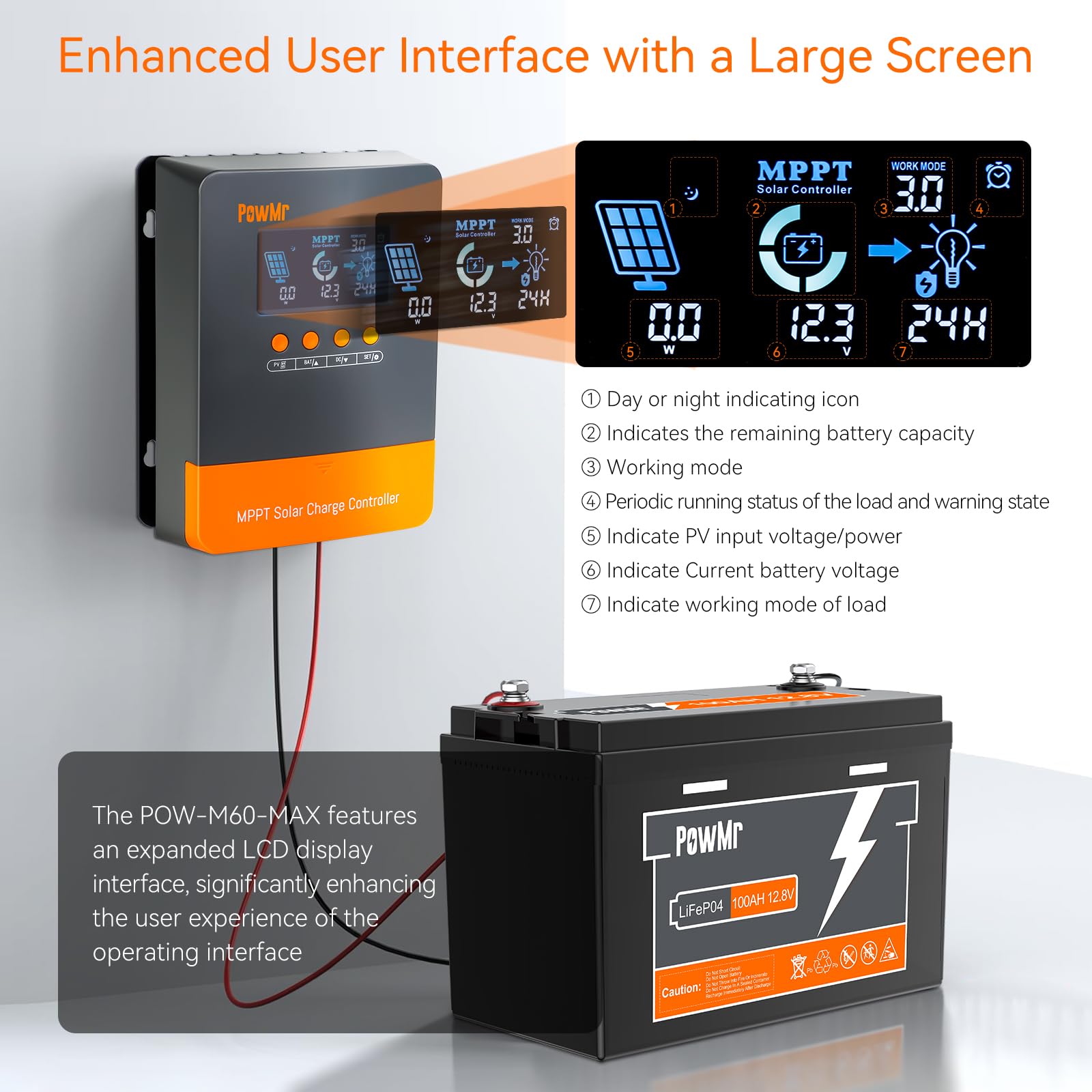 60A MPPT Charge Controller 12V 24V 36V 48V Auto, Solar Charge Controller Regulator 60amp w/Large LCD Display & 10AWG Solar Extension Cable 10 Feet