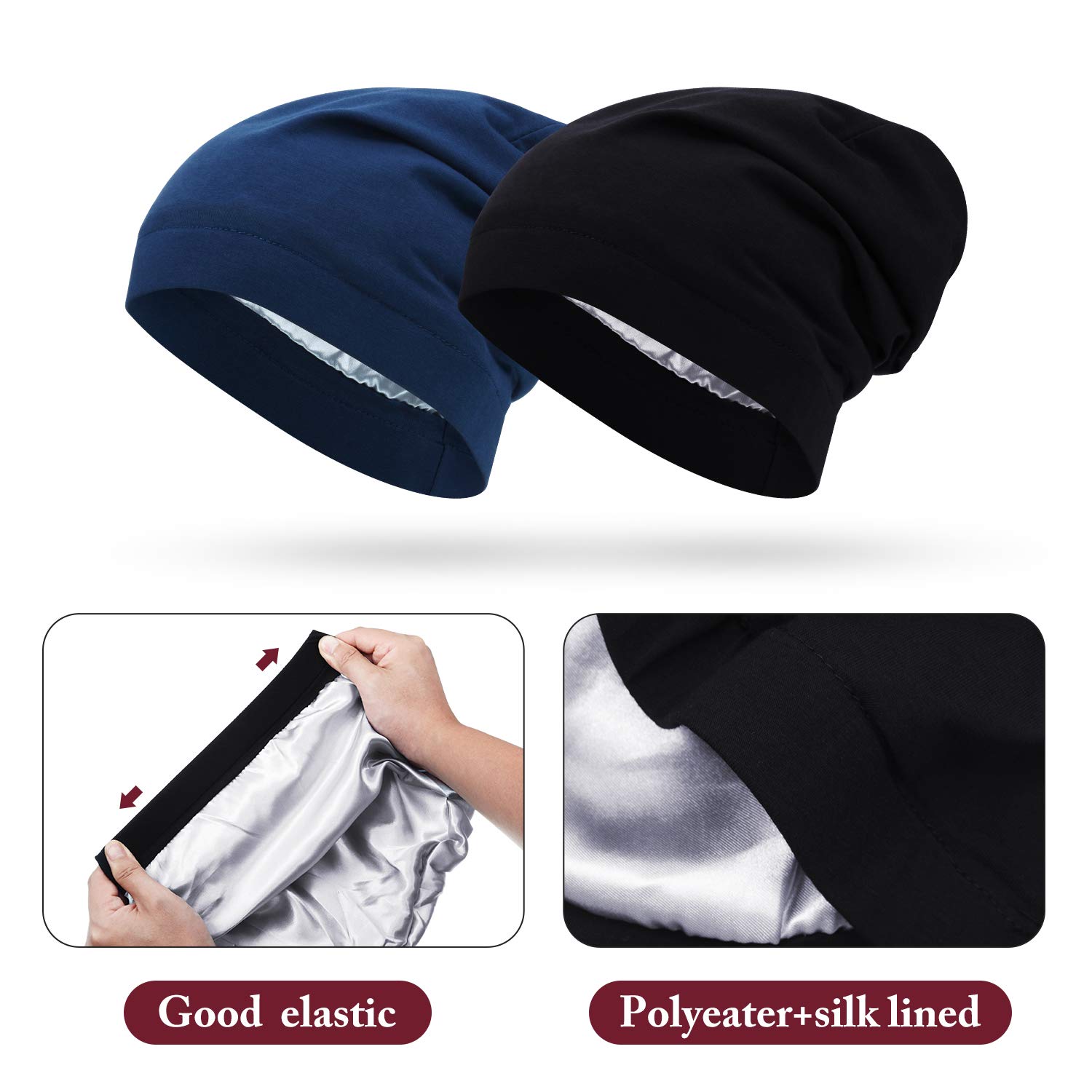 4 Pieces Satin Lined Sleep Cap Slouchy Beanie Hat Night Hair Cap for Women (Black, Wine Red, Gray, Blue)