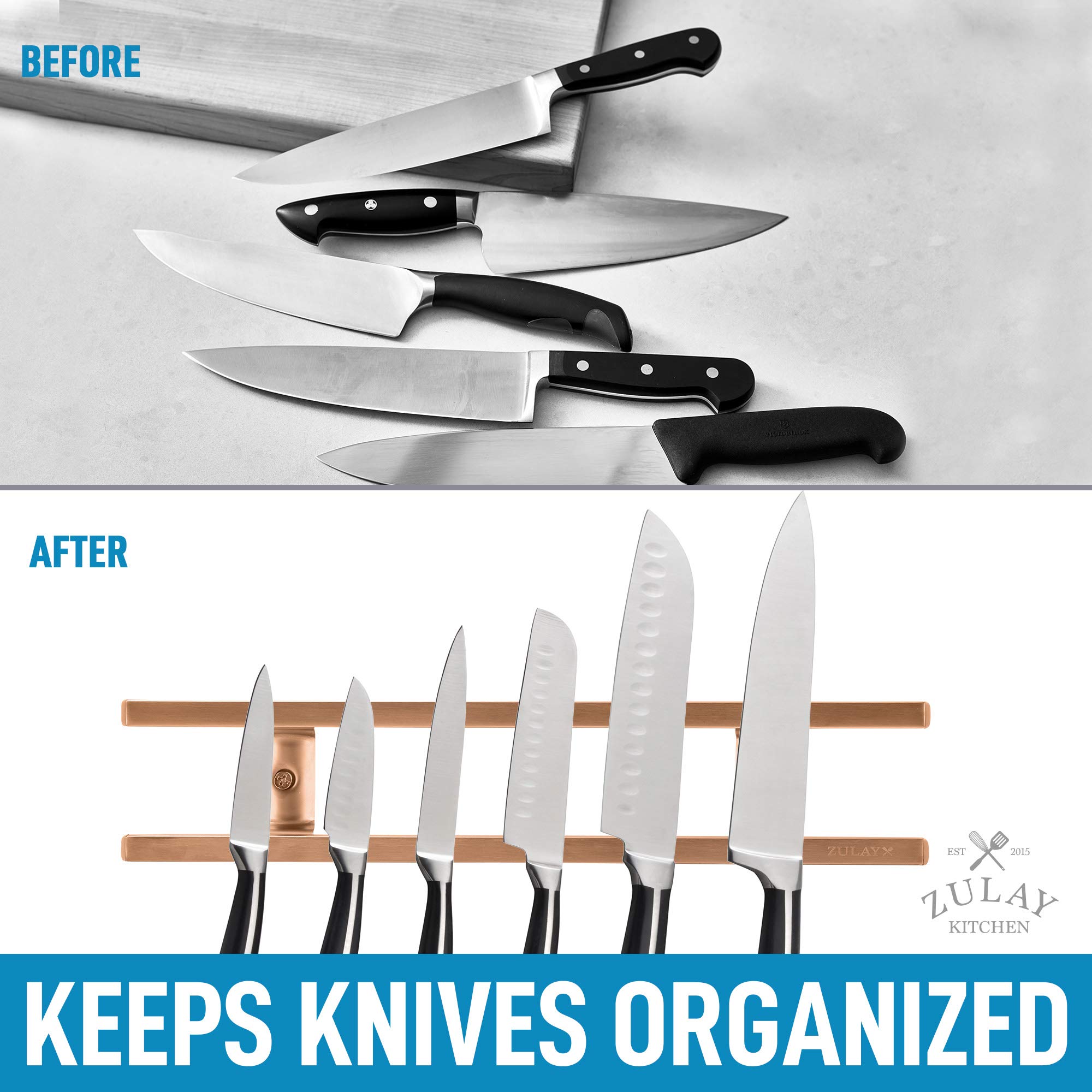 Zulay (12 Inch) Stainless Steel Magnetic Knife Holder For Wall - Powerful Knife Magnetic Strip With Extra Hanging Hooks - Wall Mount Magnetic Knife Strip & Organizer For Kitchen & Tools (Copper)