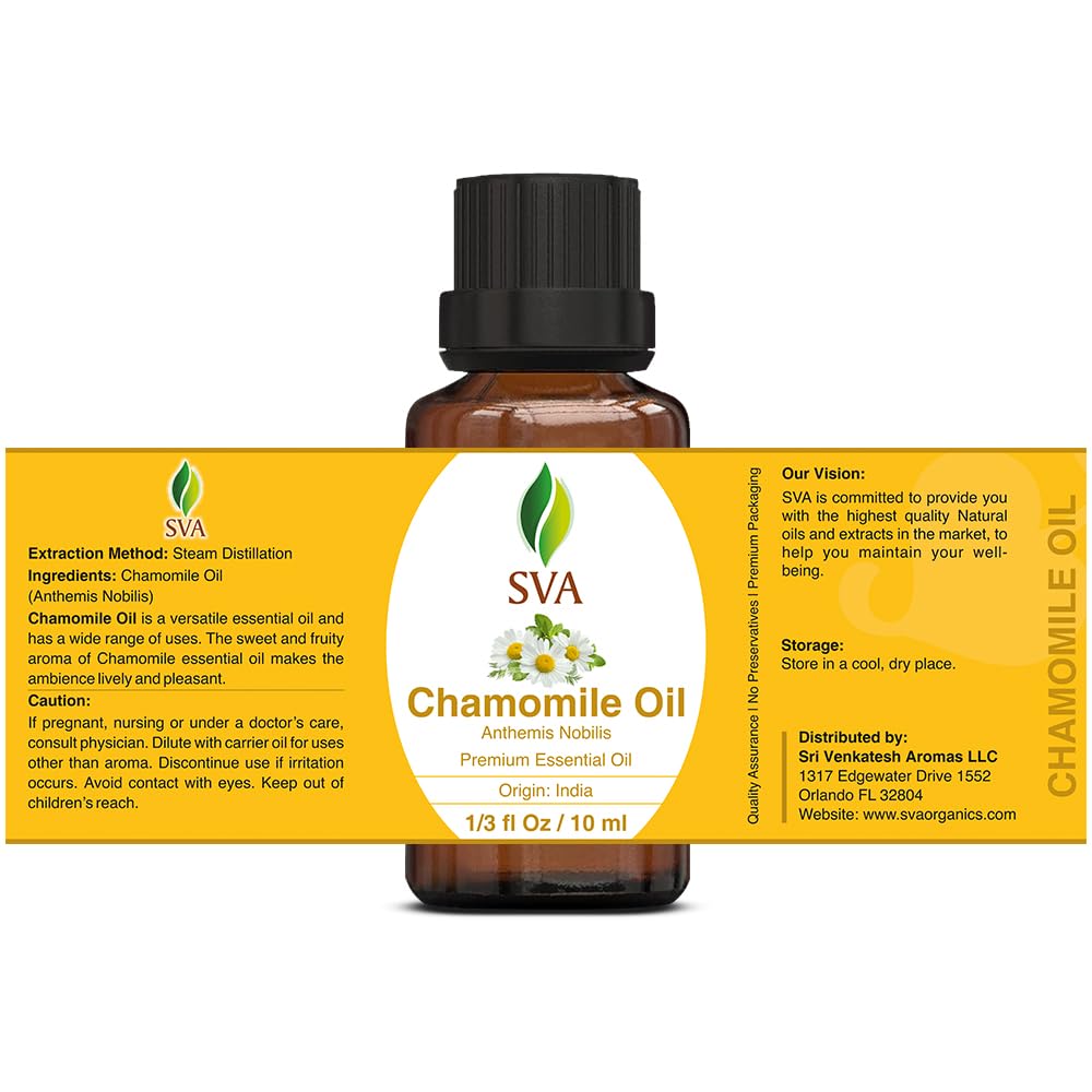 SVA Chamomile Essential Oil β 1/3 Fl Oz β 100% Natural Chamomile Oil - for Diffuser, Hair Care, Face, Skin Care, Aromatherapy, Scalp and Body Massage, Soap and Candle Making