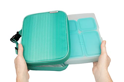 Kids Lunch Box & Bento Box Kit, Turquoise, Lunch Bag Tote Set is Insulated & Keeps Food Cold for Hours, Includes Bento Inside, 5 Removable Containers & Blue Lids, Great for Girls Back to School