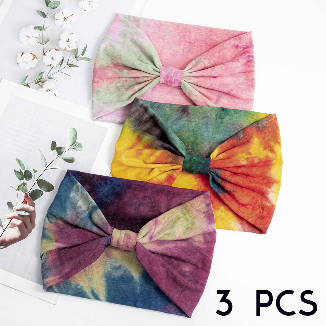 Aceorna Wide Boho Headbands Knot Bandeau Cotton Stretch Thick Fabric Head Band Tie Dye African Wraps for Women Workout Yoga 3 Pcs (Boho)