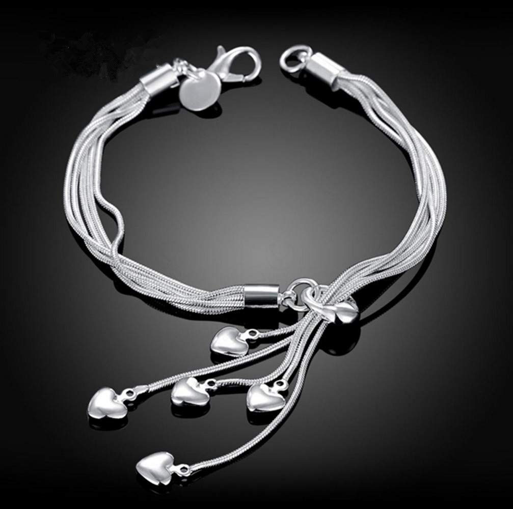 925 Sterling Silver Five-Line Chain with Five-Heart Bracelet Bangle