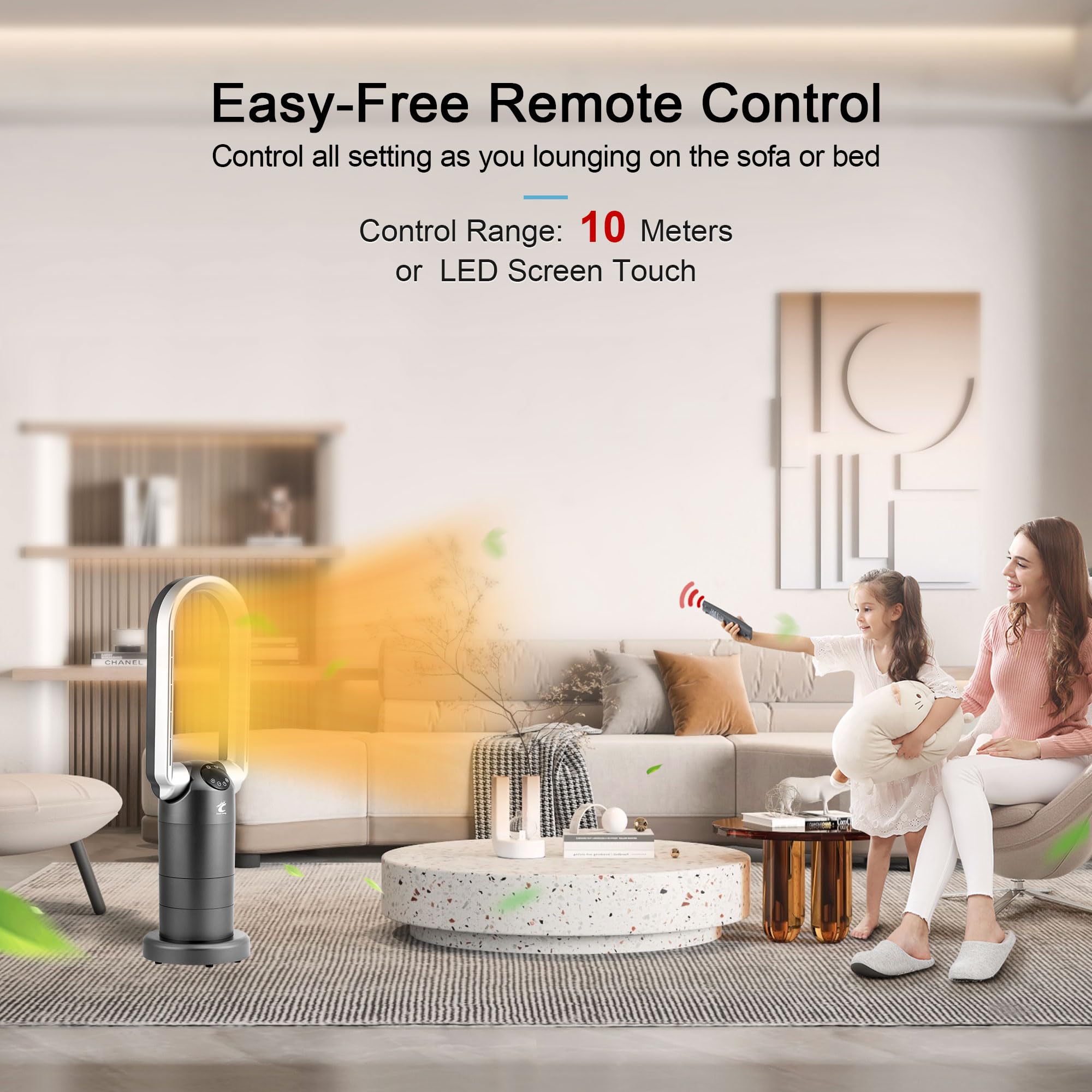 OceanLoong Bladeless Fan & Space Heater in One, Tower Fan for Bedroom Home,1500W Electric Heater with Adjustable Thermostat, Tip-Over Switch, Remote, Timer, Oscillating Table Fan, 29inch (Grey)