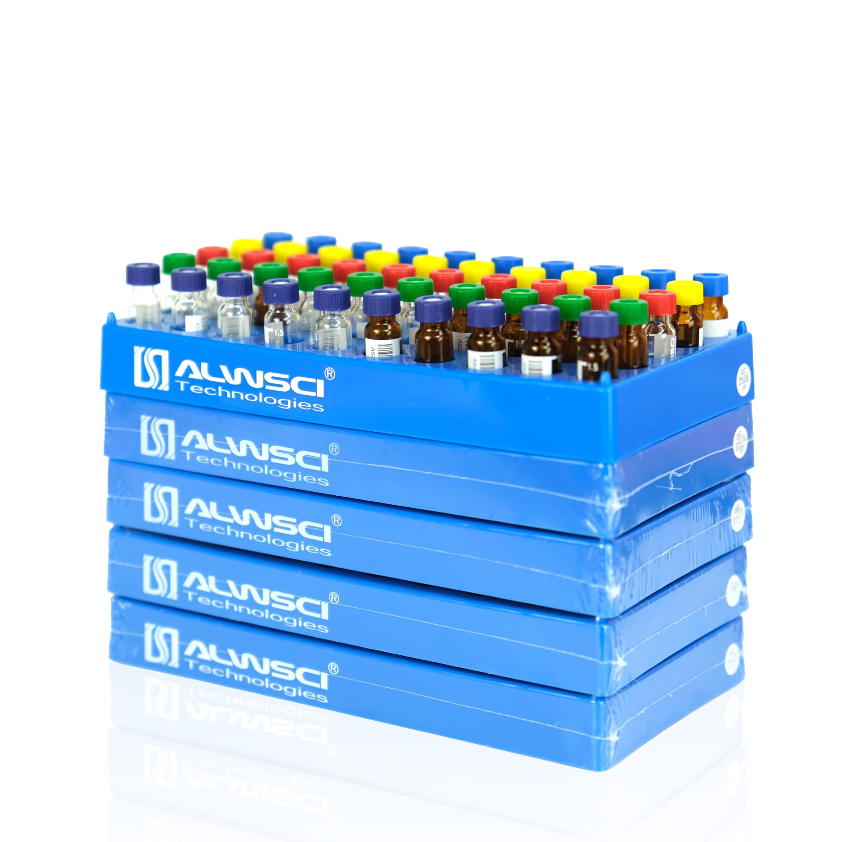 ALWSCI 5 Packs 2 ml Vial Rack, Lab HPLC Vial Holder, 12 mm Vial Tray Holder 50-Well Stackable, Blue Tube Rack for 2 ml Autosampler Vial