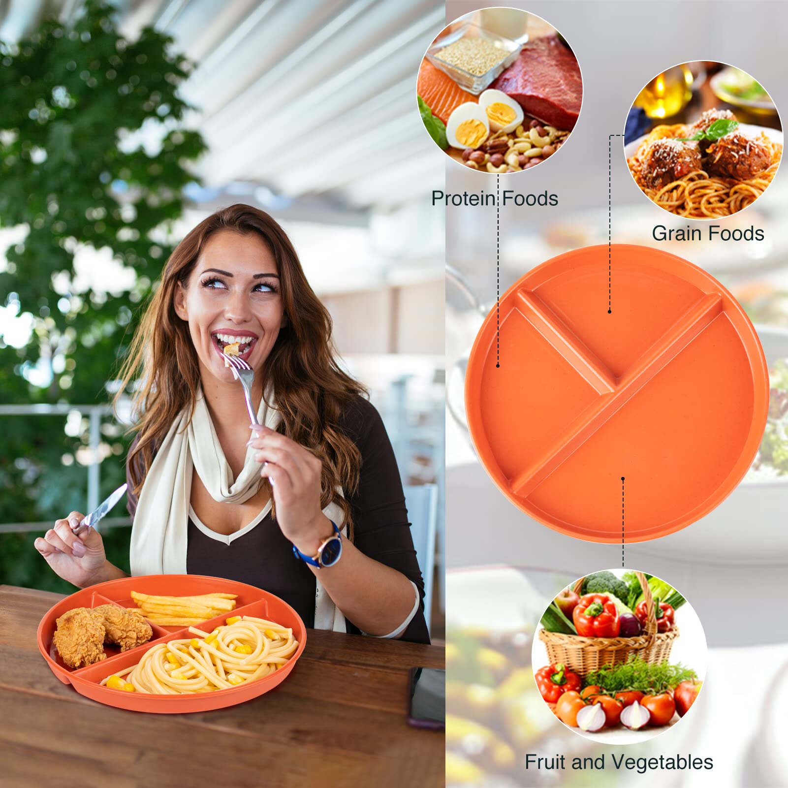 9-Inch Wheat Portion Control Plate, 5-Piece Unbreakable Plastic Adult Portioning Plate, Dishwasher Safe/Reusable, 3 Sections Of Round Kids Separate Plates For Healthy Eating And Weight Loss (Beige)