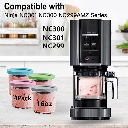 BBAUER Ice Cream Pints Containers 4 Pack for Ninja Creami Pints and Lids,16oz Cup Compatible with NC301 NC300 NC299AMZ Series Ice Cream Maker,Reusable,4 PC Ice Cream Spoons,Pink/Green/Grey/Blue