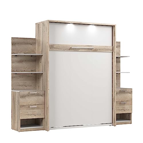 Bestar Cielo Full Murphy Bed with Nightstands and Floating Shelves (99W) in Rustic Brown and White, Sleeping Arrangement for Multipurpose Room