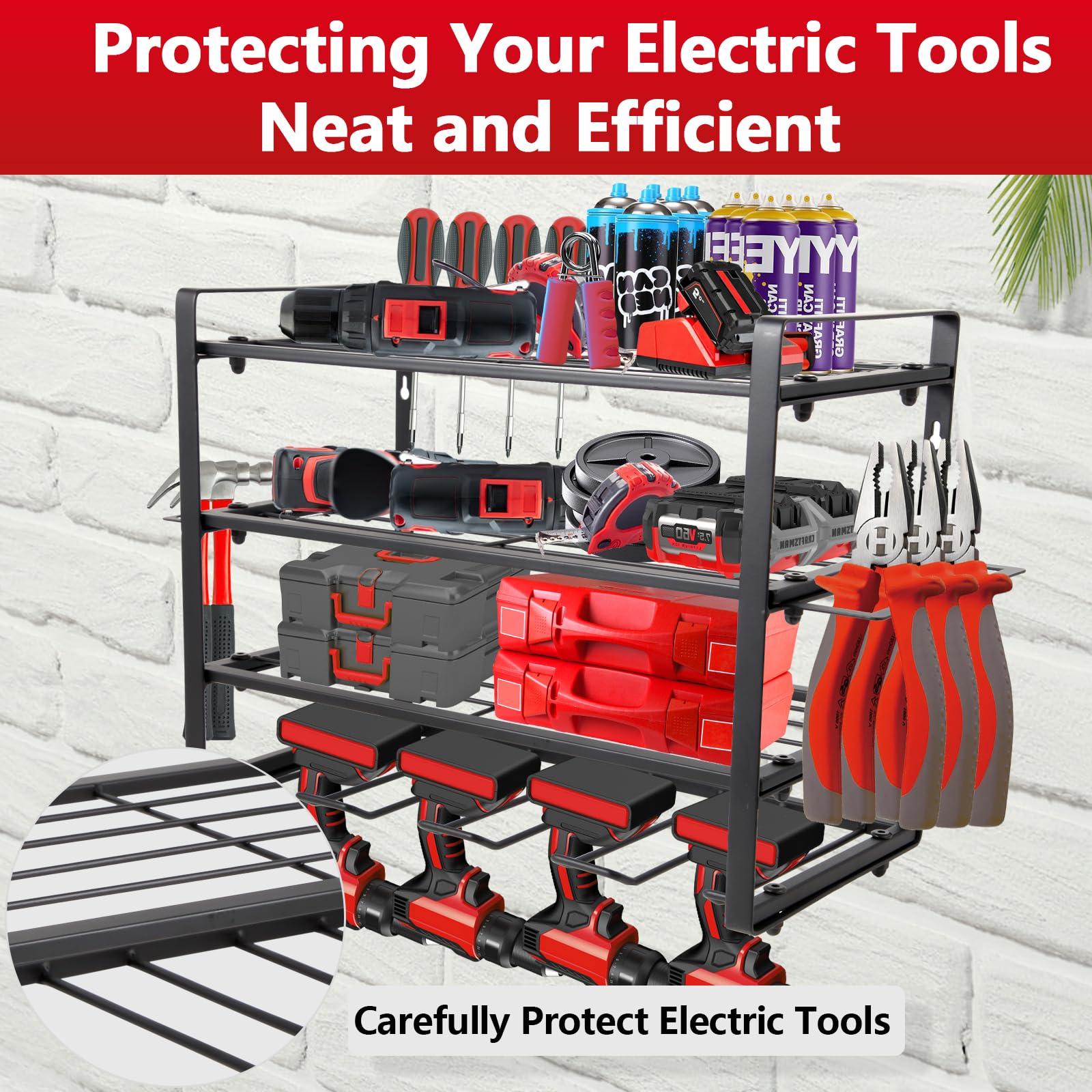 Power Tool Organizer,Heavy-Duty 4 Drill Power Tool Storage 4 Layers Large Capacity Easy to Install Wall Mount Tool Organizer Drill,Power Tool Holder With Screwdriver/Plier Holder