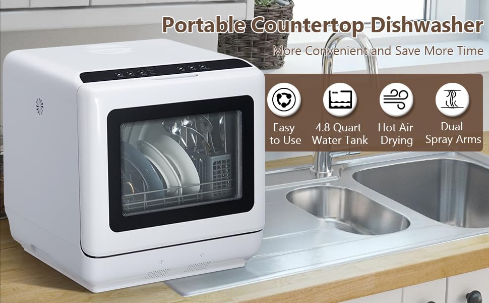Agrestem Portable Dishwasher,Countertop Dishwasher with Water Tank,5 Programs, Dual Sprays,149℉ High Temp & Air Dry, Mini Dishwasher for RVs & Apartments