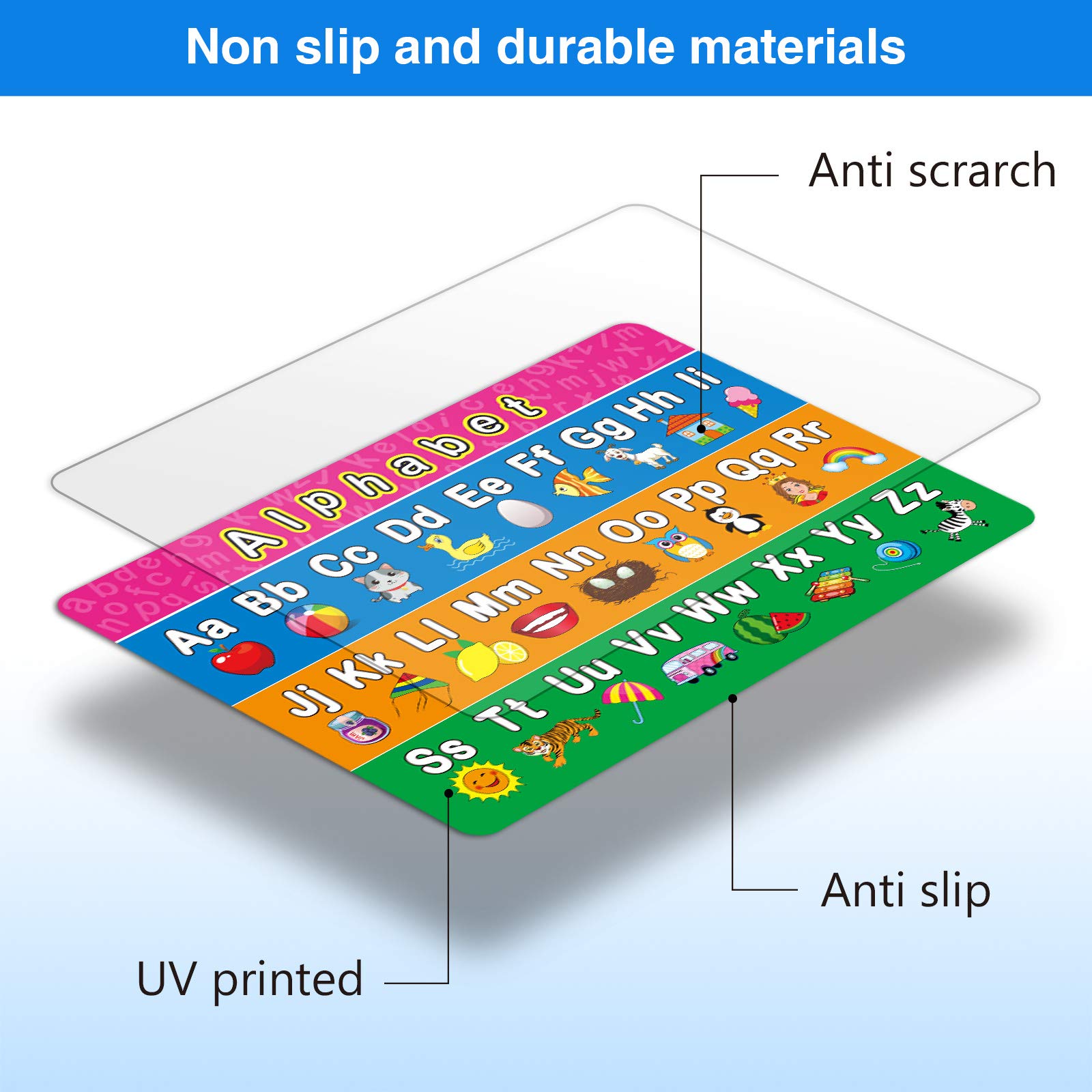 Patelai 4 Pcs Educational Preschool Placemat for Toddler and Kid, Non Slip Washable Reusable Learning Placemat for Nursery Homeschool Kindergarten Classroom Supplies(Alphabet, Shape, Color, Number)