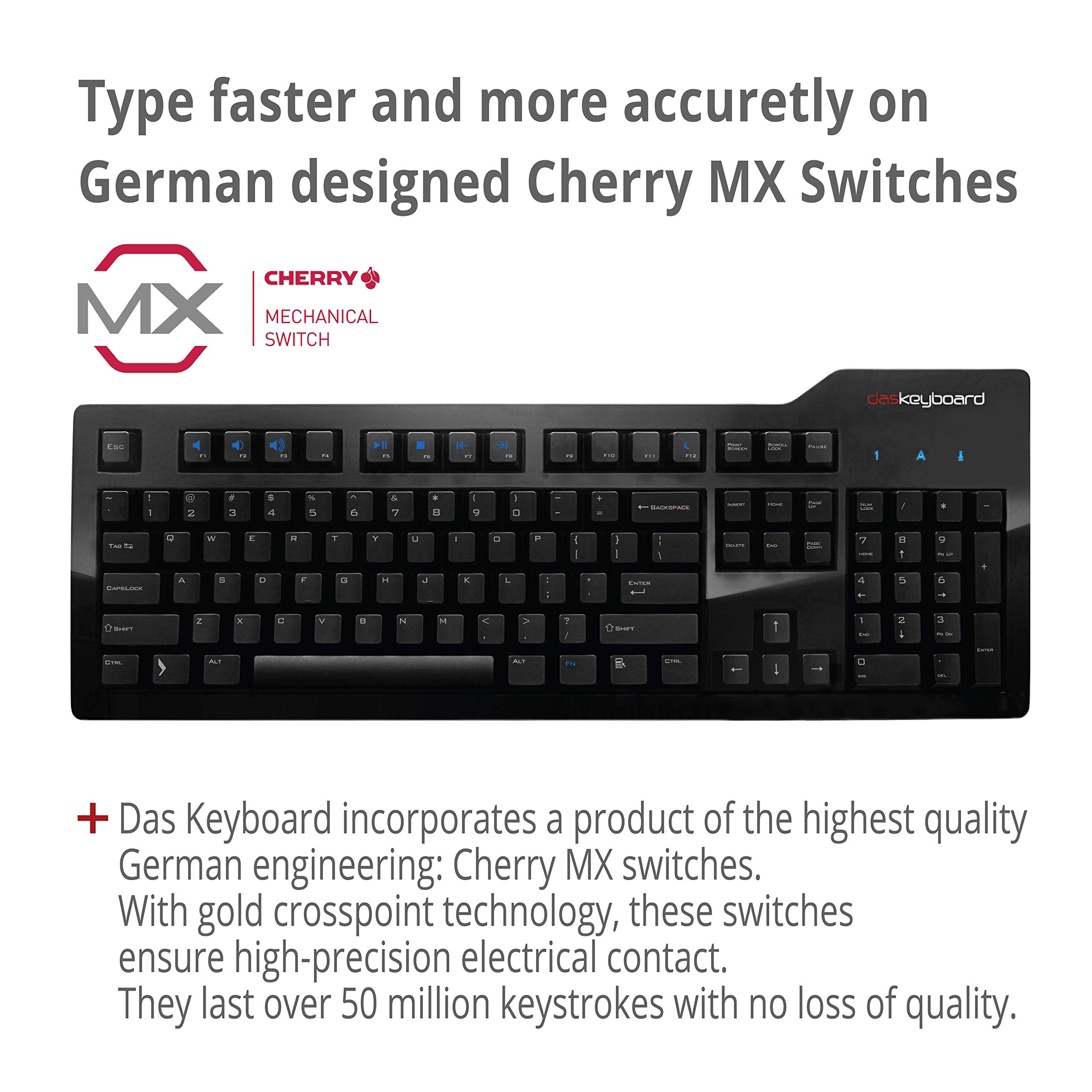 Das Keyboard Model S Wired Mechanical Keyboard, Cherry MX Blue Mechanical Switches, 2-Port USB Hub, Laser Etched Keycaps (104 Keys, Black)