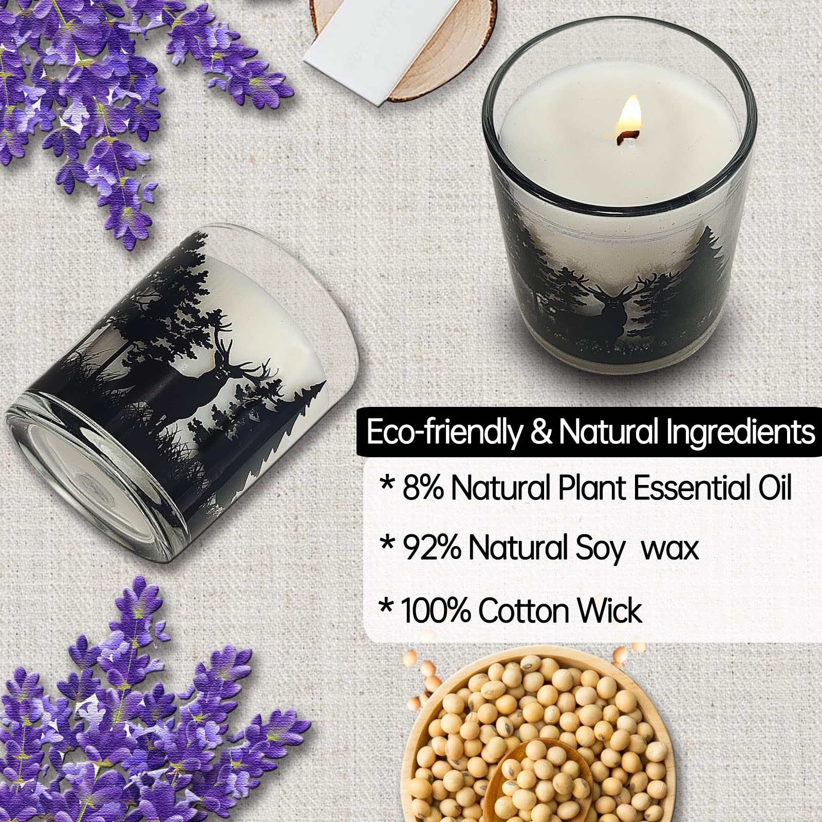 Scented Candles Gifts for Him/Her,Stress Relief Relax Gifts for Women/Men,Lavender Candle Soy Wax Aromatherapy Candles ,7.5 Oz Candle with Tree Deer Decal,Forest Landscape Shadow Glass Jar Candle