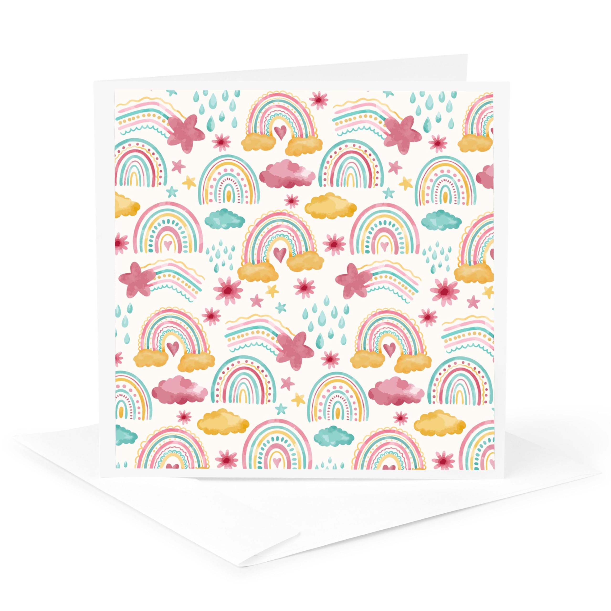 3dRose Greeting Card - rainbows, clouds, stars, raindrops, pink, aqua, yellow, cute, pattern - Patterns and Backgrounds
