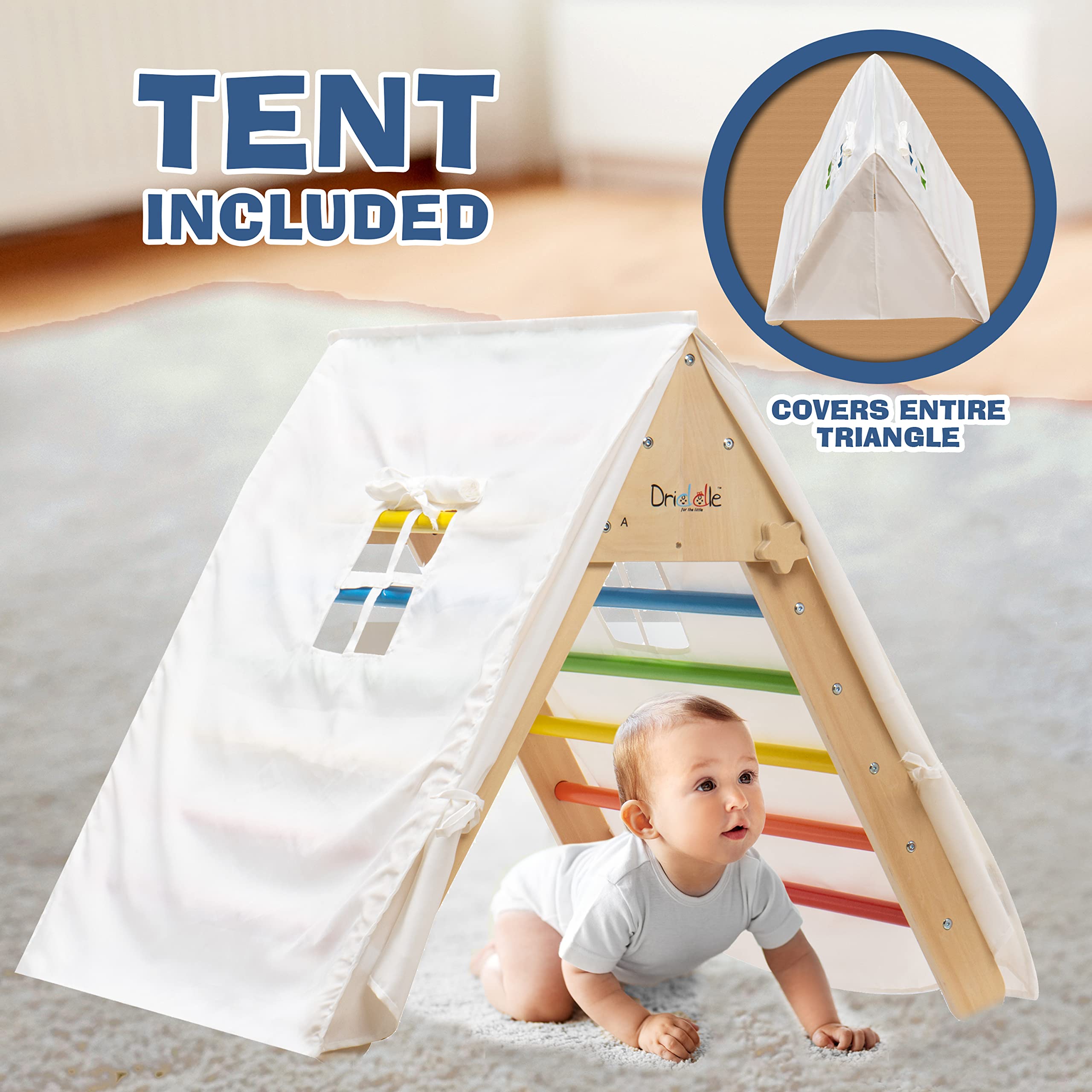 Climbing Triangle with Tent - Wooden Climbing Toys for Toddlers & Baby - X-Large Foldable Colorful Climber Indoor Gym for Kids - 100% Safe - CPSIA Lab Certified - Driddle