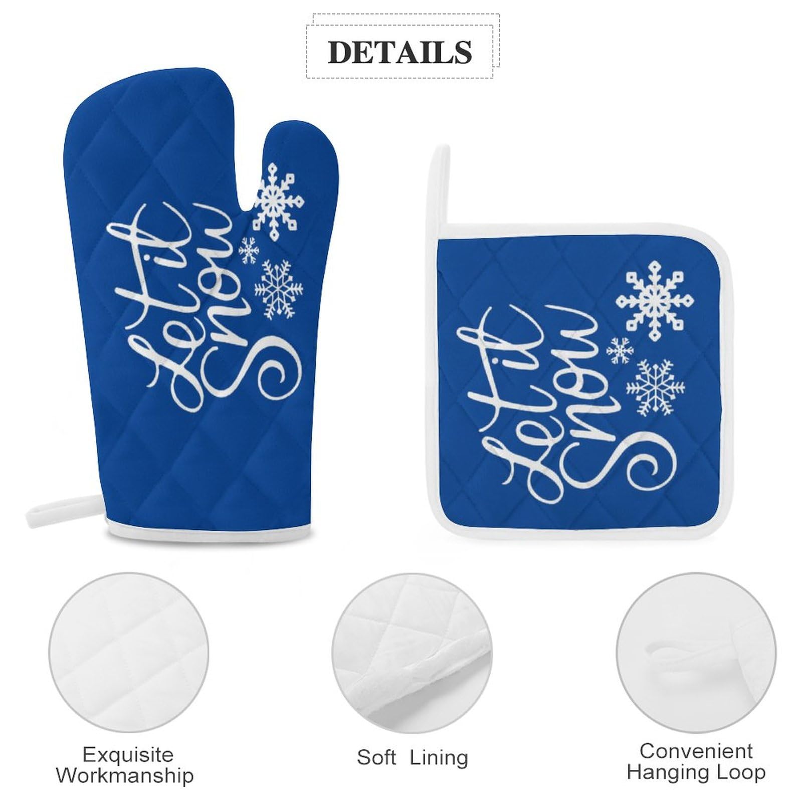 4PCS Oven Mitts and Pot Holders Sets, Blue and White Christmas Snowflake Oven Mitts Set Heat Resistant Kitchen Microwave Gloves Safe for Baking,Cooking, BBQ