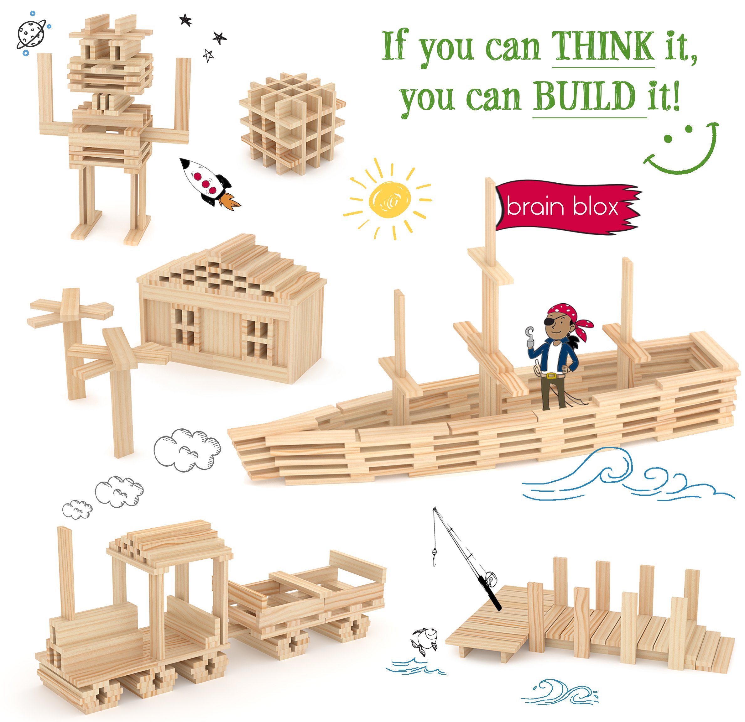 Brain Blox Natural Wooden Blocks for Kids Ages 4-8 - Montessori Blocks for Hands-on Learning - STEM and Architecture for Kids (100 Building Blocks)